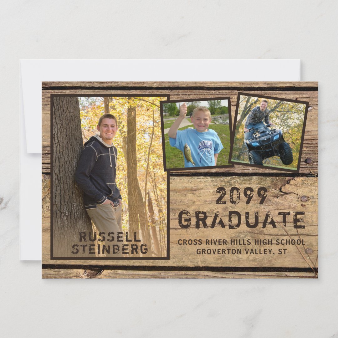 Rustic Country Wood 4-Photo Graduation Announcement | Zazzle