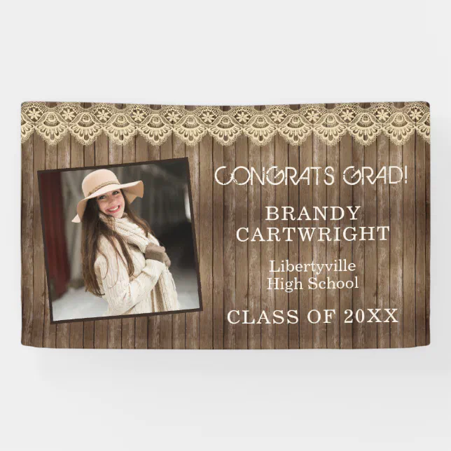Rustic Country Wood and Lace with Photo Graduation Banner | Zazzle