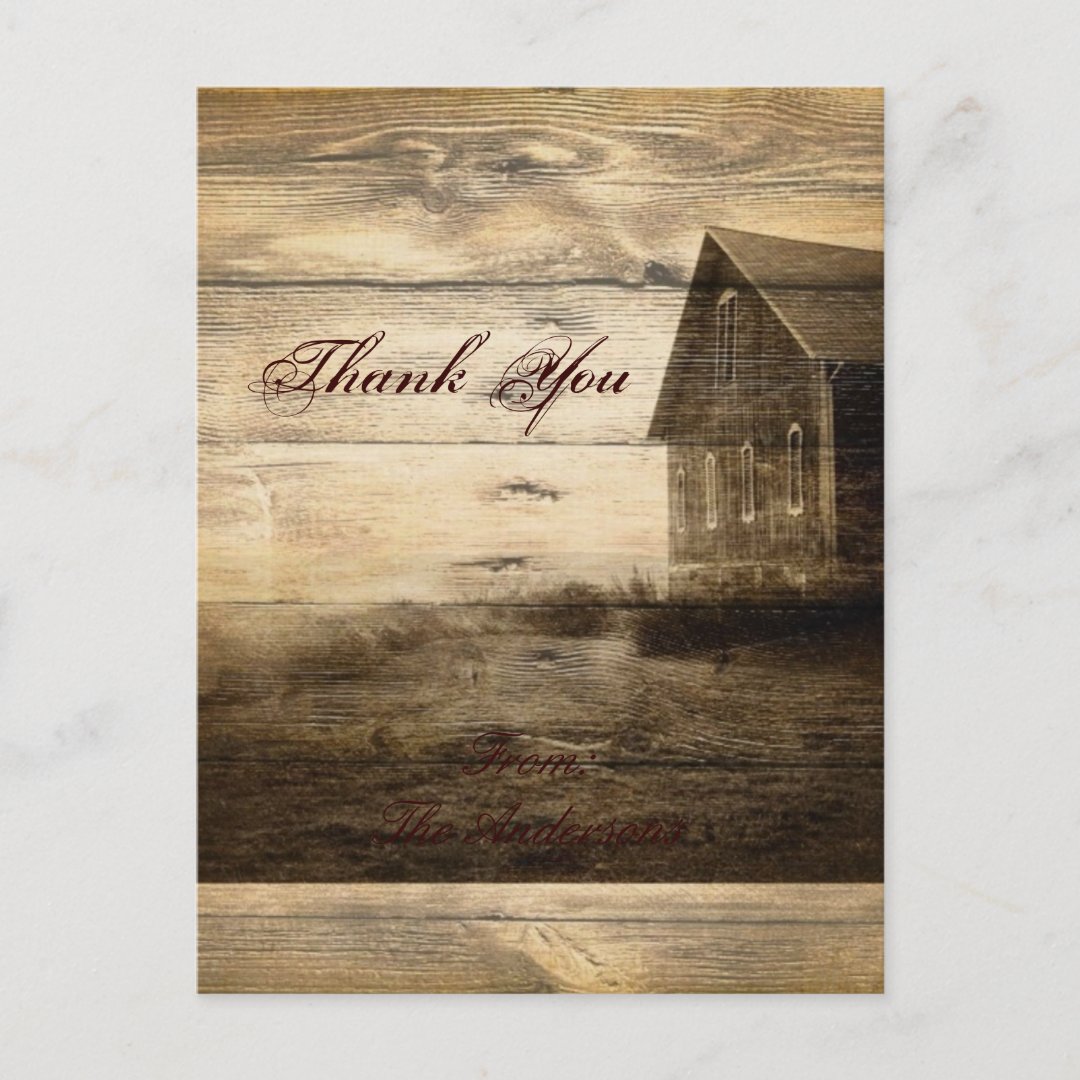 Rustic Country Wood Barn Wedding thank you Postcard | Zazzle