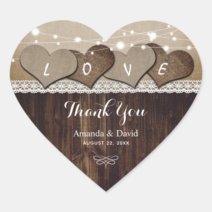 Rustic Country Wood Burlap and Lace Wedding Heart Sticker | Zazzle