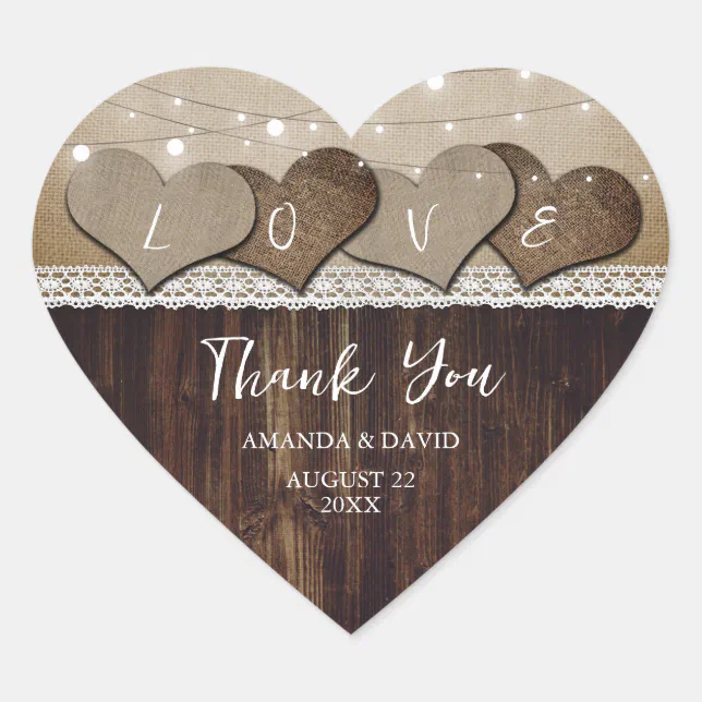 Rustic Country Wood Burlap and Lace Wedding Heart Sticker | Zazzle