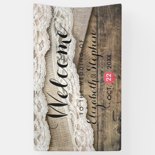 Rustic Country Wood Burlap Lace Wedding Welcome Banner | Zazzle