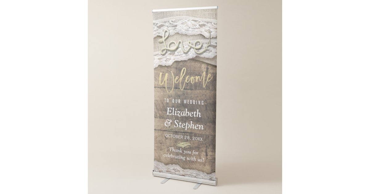 Rustic Country Wood Burlap Lace Wedding Welcome Retractable Banner | Zazzle