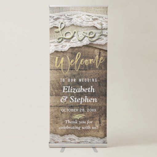 Rustic Country Wood Burlap Lace Wedding Welcome Retractable Banner | Zazzle