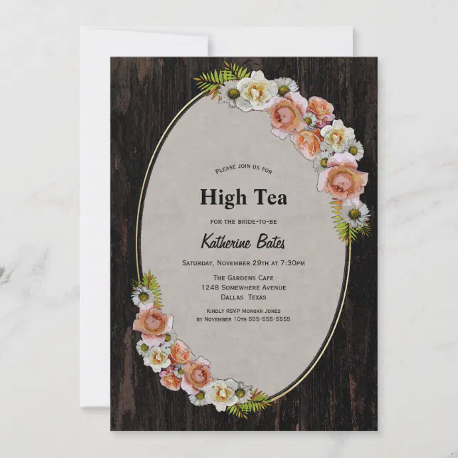 Rustic Country Wood Floral High Tea Bridal Shower Invitation | Zazzle