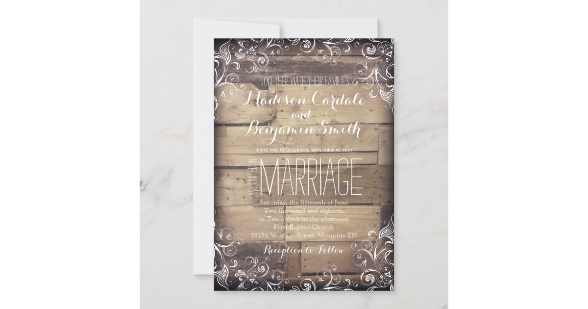 Rustic Country Wood Flourish Wedding Invitations | Zazzle