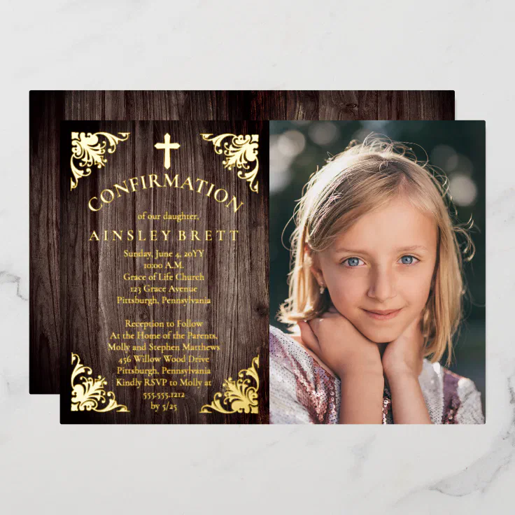 Rustic Country Wood Girl Photo Confirmation - Gold Foil Invitation | Zazzle