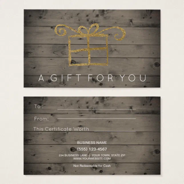 Rustic Country Wood Gold Gift Card Certificate | Zazzle