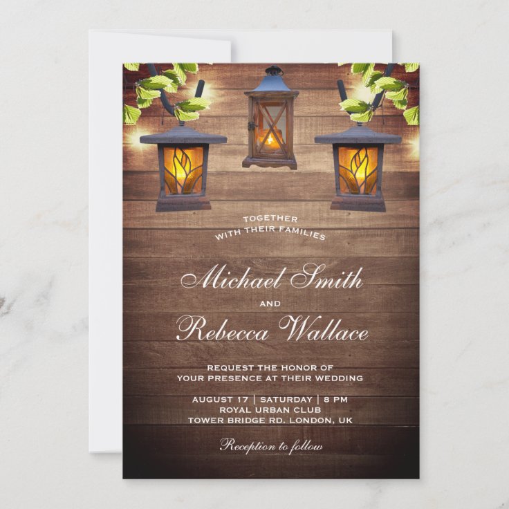 Rustic Country Wood Hanging Lanterns Wedding Invitation | Zazzle