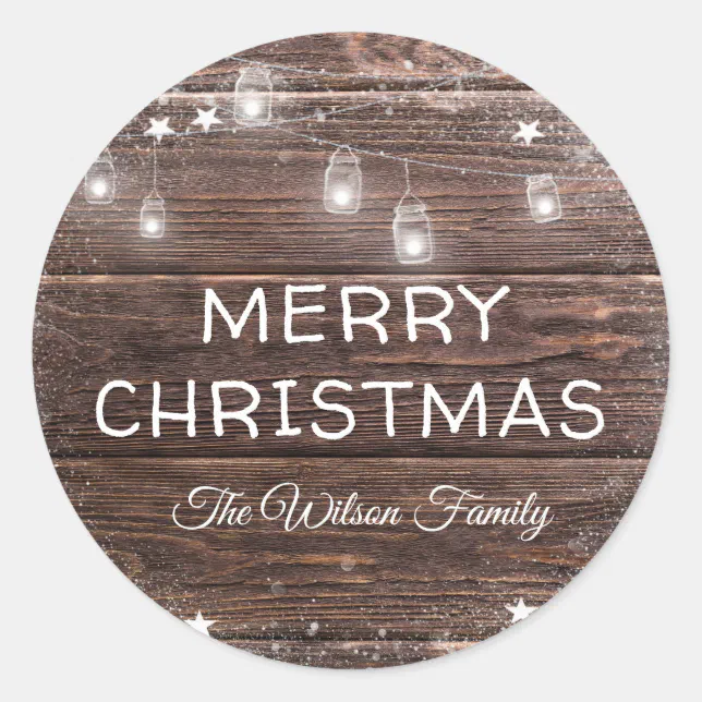 Rustic Country Wood Holiday String Lights Classic Round Sticker | Zazzle