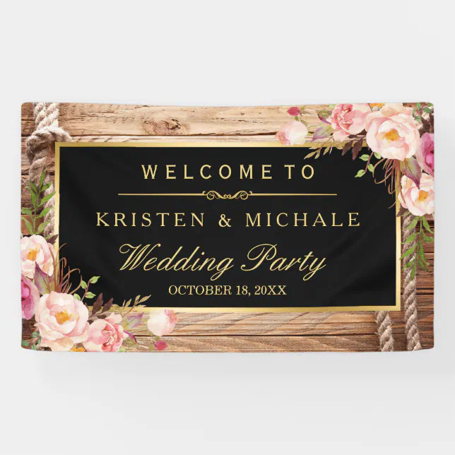 Rustic Country Wood Knot Floral Wedding Party Banner | Zazzle