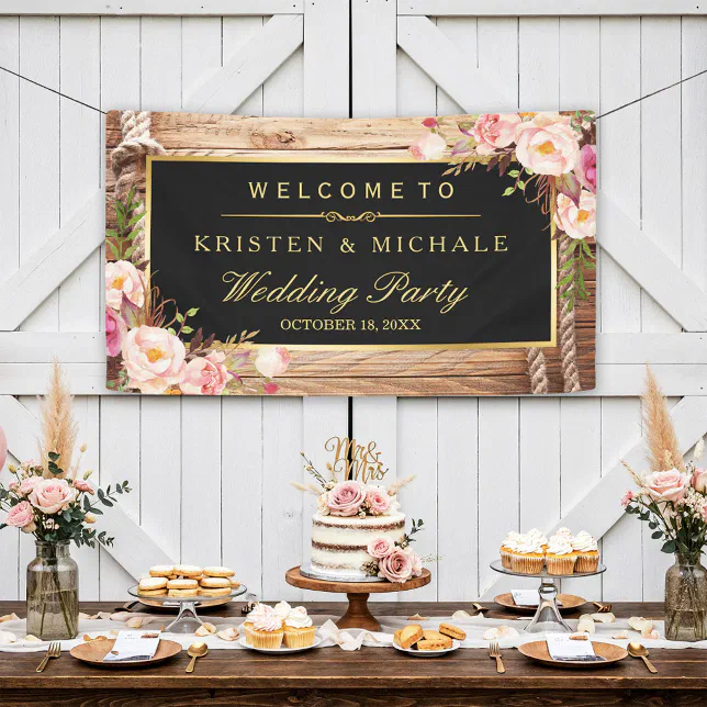 Rustic Country Wood Knot Floral Wedding Party Banner | Zazzle
