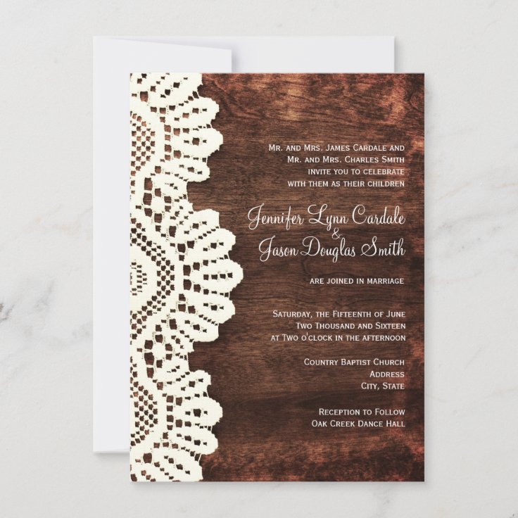 Rustic Country Wood Lace Wedding Invitations | Zazzle