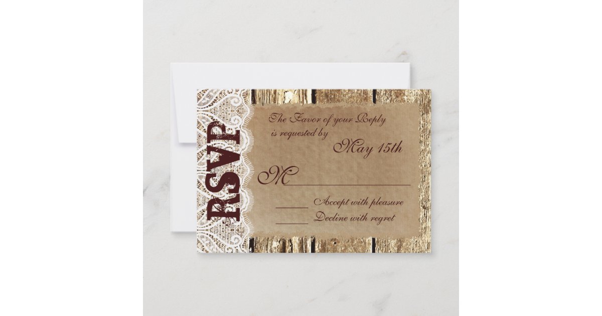Rustic Country Wood Lace Wedding RSVP Cards | Zazzle