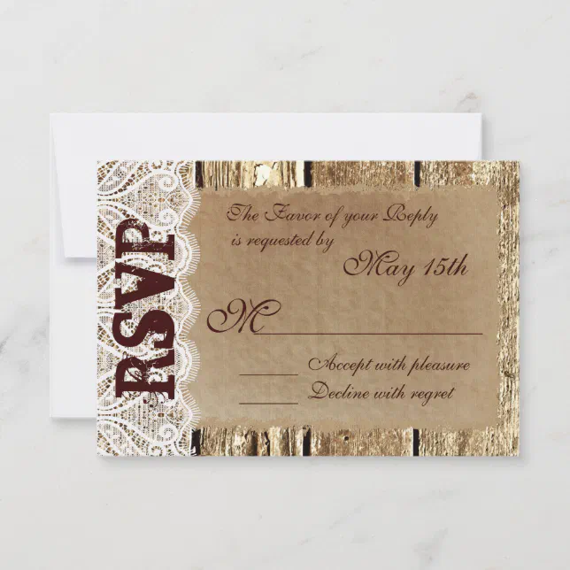 Rustic Country Wood Lace Wedding RSVP Cards | Zazzle