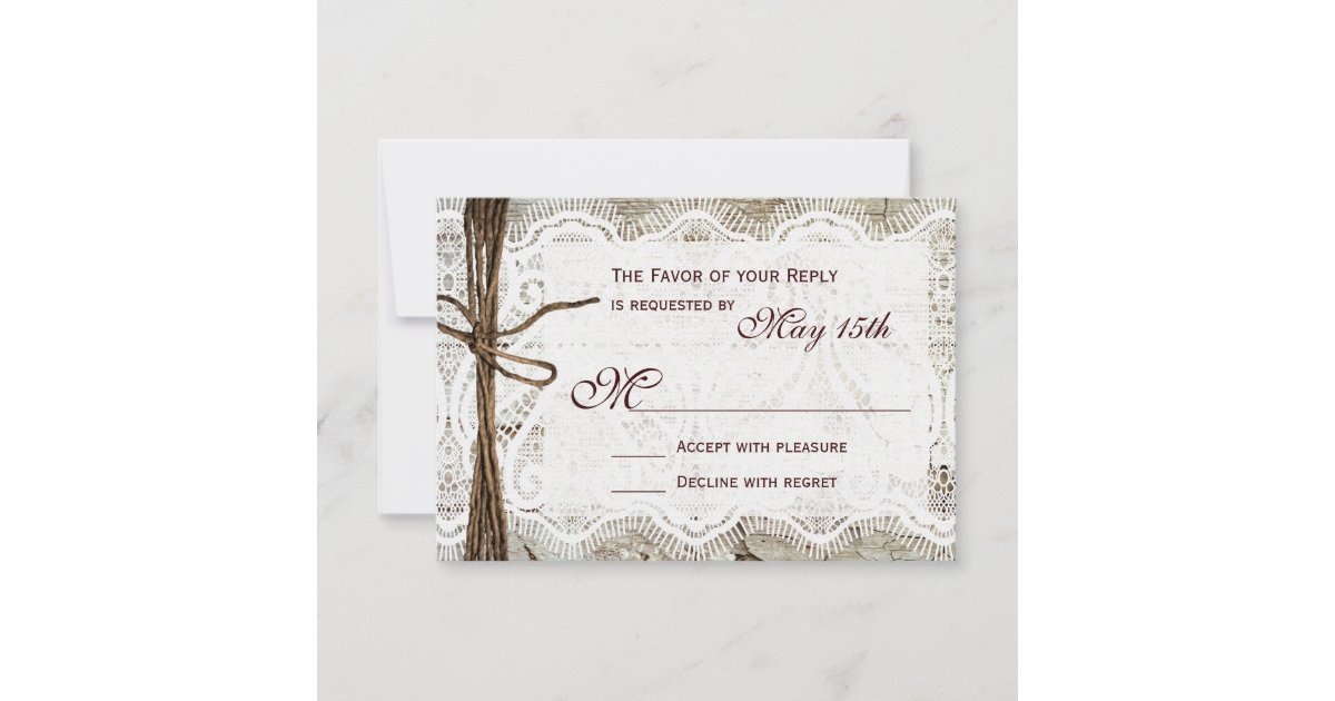 Rustic Country Wood Lace Wedding RSVP Cards | Zazzle