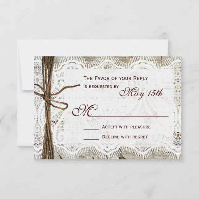 Rustic Country Wood Lace Wedding RSVP Cards | Zazzle