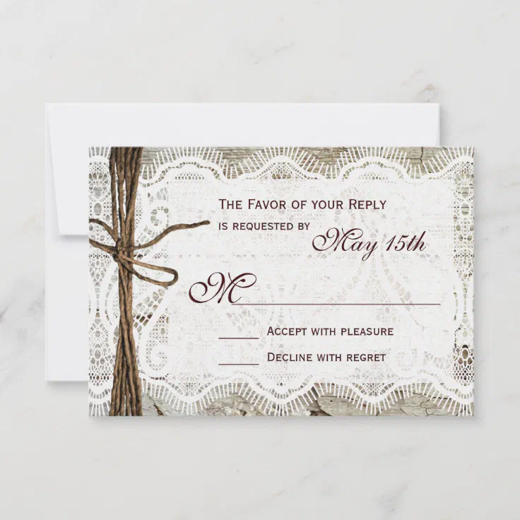 Rustic Country Wood Lace Wedding RSVP Cards | Zazzle
