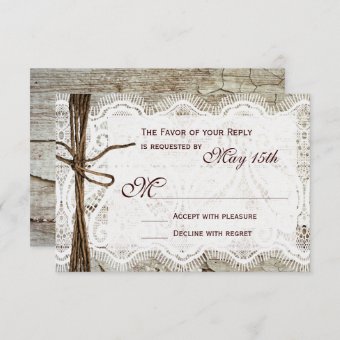 Rustic Country Wood Lace Wedding RSVP Cards | Zazzle