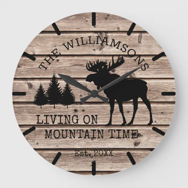 Rustic Country Wood Living on Mountain Time Moose Large Clock | Zazzle