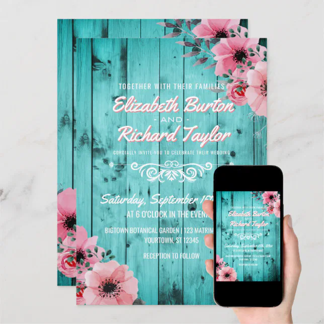 Rustic Country Wood Pink Floral Boho Teal Wedding Invitation | Zazzle