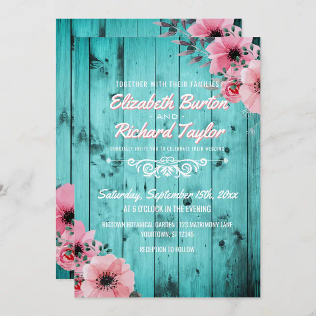 Rustic Country Wood Pink Floral Boho Teal Wedding Invitation | Zazzle