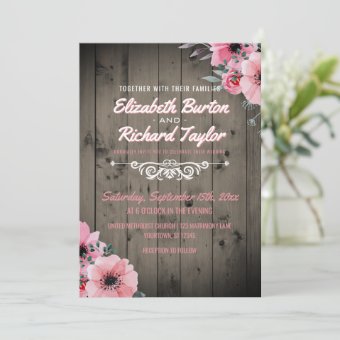 Rustic Country Wood Pink Floral Boho Wedding Invitation | Zazzle