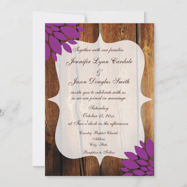 Rustic Country Wood Purple Flower Wedding Invite | Zazzle