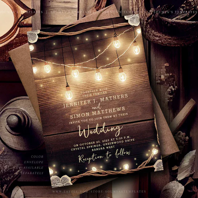 Rustic Country Wood String Lights Lace Wedding Invitation | Zazzle