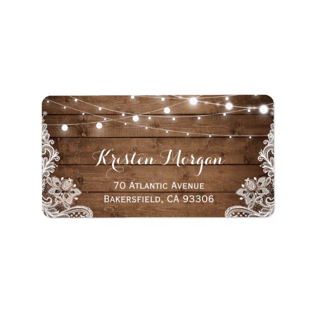 Rustic Country Wood String Lights Lace Wedding Label | Zazzle
