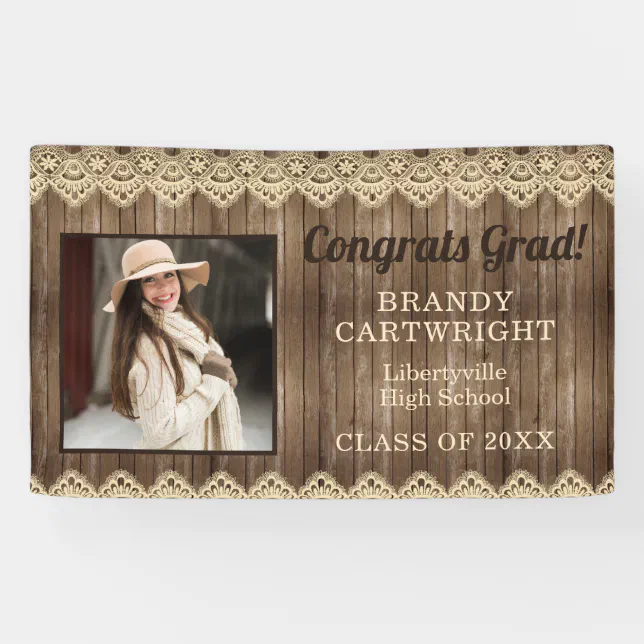 Rustic Country Wood with Lace Photo Graduation Banner | Zazzle