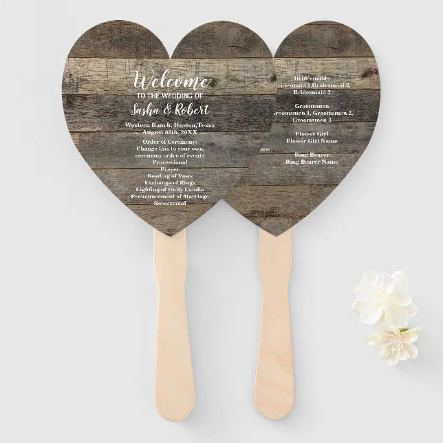 rustic country woodgrain barn wedding programs hand fan | Zazzle