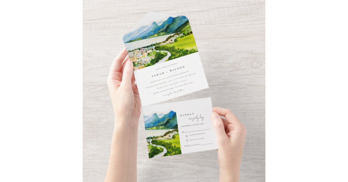 Rustic Countryside Lake Village Landscape Wedding All In One Invitation ...