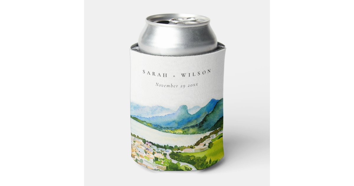 Rustic Countryside Lake Village Landscape Wedding Can Cooler | Zazzle
