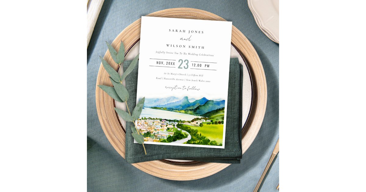 Rustic Countryside Lake Village Landscape Wedding Invitation | Zazzle