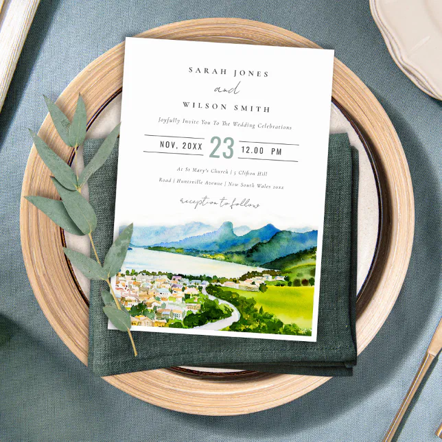Rustic Countryside Lake Village Landscape Wedding Invitation | Zazzle