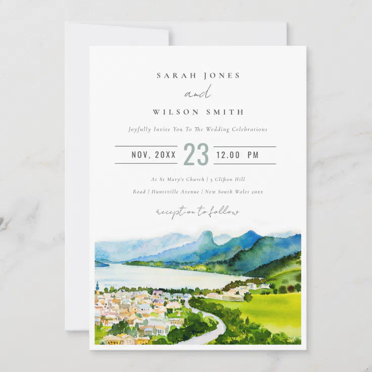 Rustic Countryside Lake Village Landscape Wedding Invitation | Zazzle