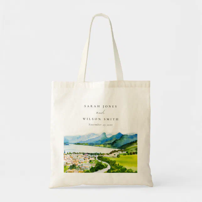 Rustic Countryside Lake Village Landscape Wedding Tote Bag | Zazzle