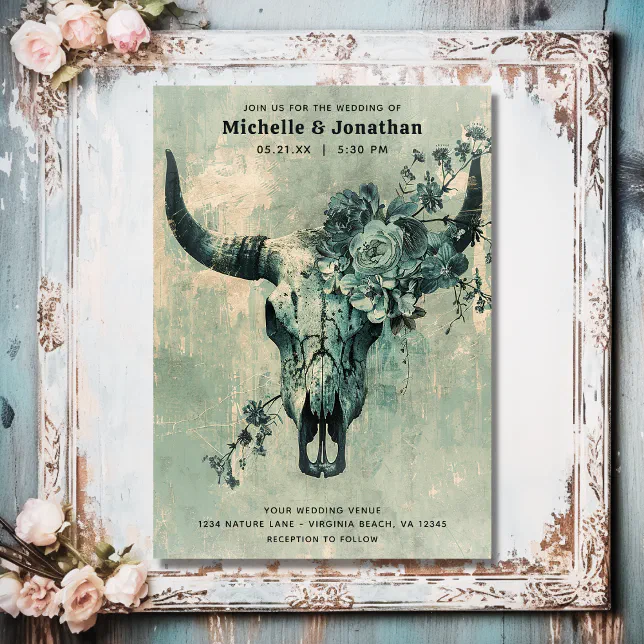 Rustic Cow Skull Floral Boho Western Wedding Invitation | Zazzle