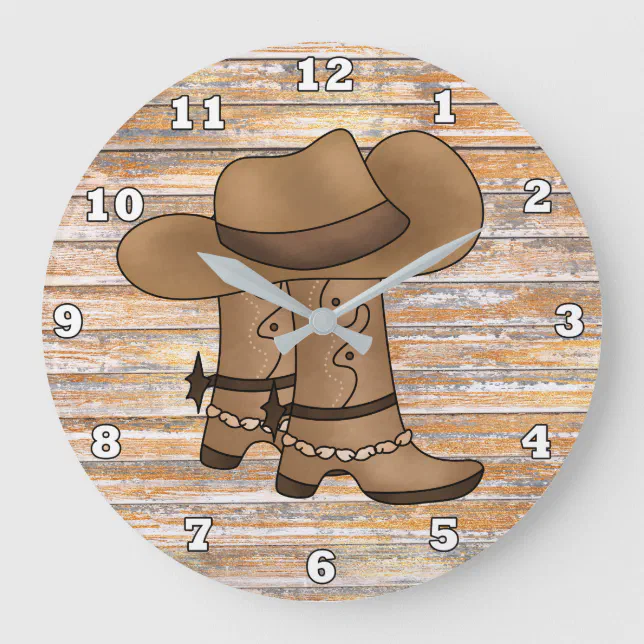 Rustic cowboy boots and hat wall decor large clock | Zazzle