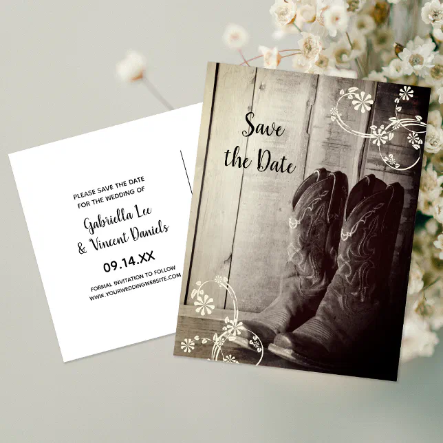 Rustic Cowboy Boots Floral Western Save the Date Announcement Postcard ...