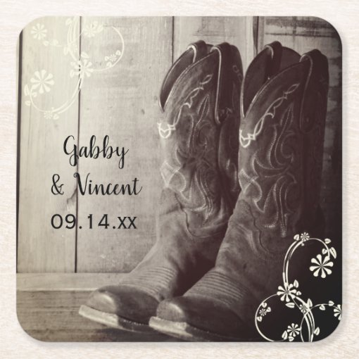 Rustic Cowboy Boots Floral Western Wedding Square Paper Coaster | Zazzle