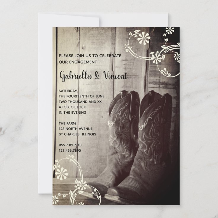 Rustic Cowboy Boots Ranch Floral Engagement Party Invitation | Zazzle