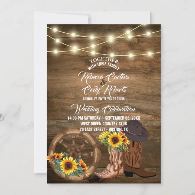 Rustic Cowboy Boots Sunflower Western Wedding Invitation | Zazzle
