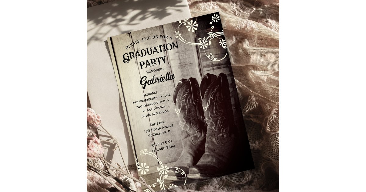 Rustic Cowboy Boots Western Graduation Party Invitation | Zazzle