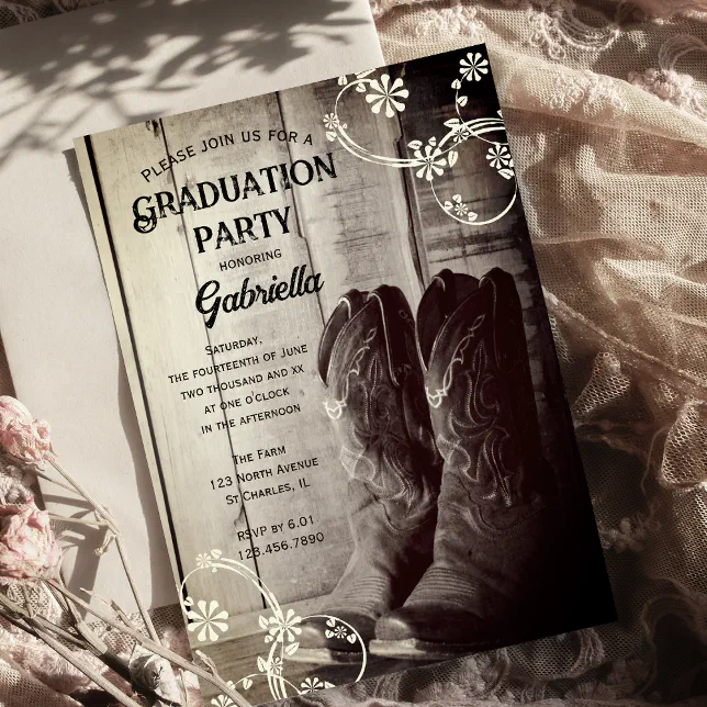 Rustic Cowboy Boots Western Graduation Party Invitation | Zazzle
