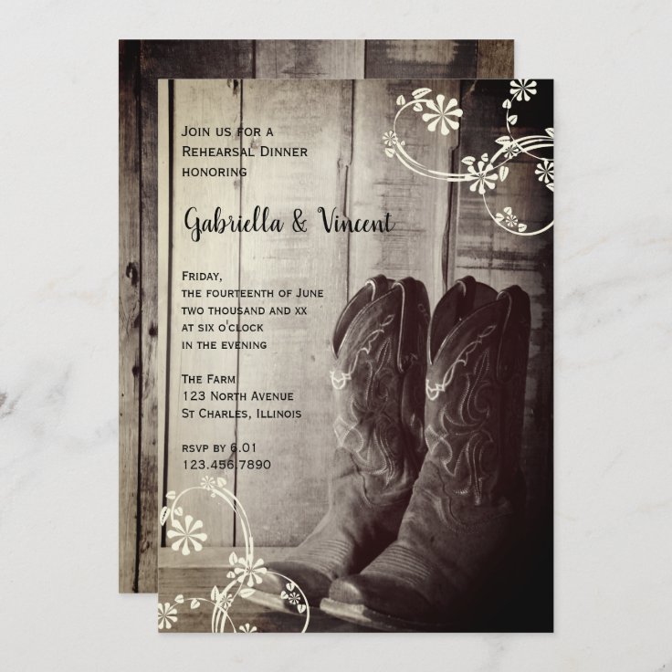 Rustic Cowboy Boots Western Rehearsal Dinner Invitation | Zazzle