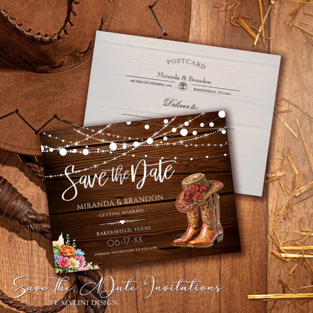 Rustic Cowboy Boots Western Wedding Save The Date Announcement Postcard ...