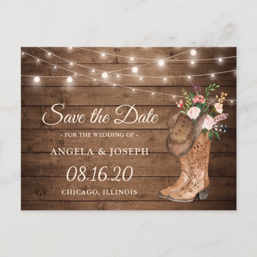Rustic Cowboy Cowgirl Boots Floral Save the Date Announcement Postcard ...