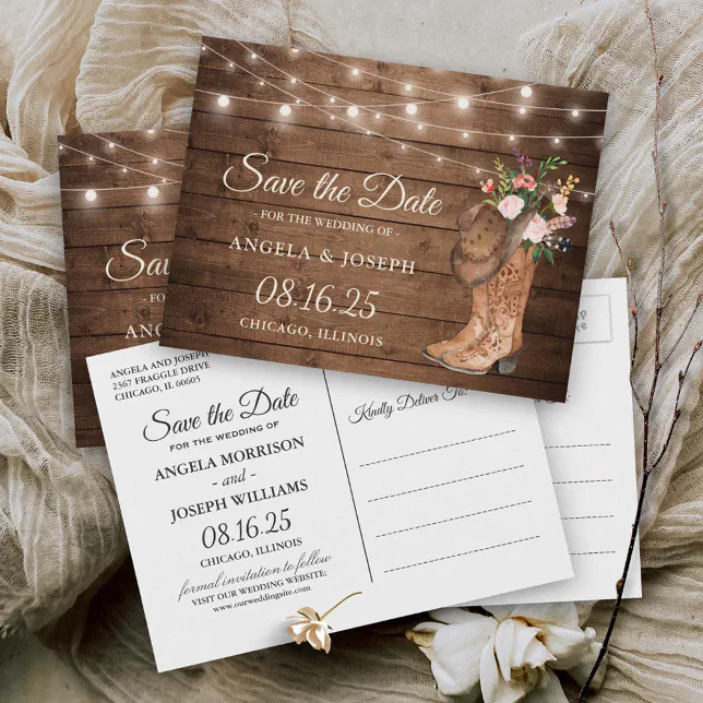 Rustic Cowboy Cowgirl Boots Floral Save the Date Announcement Postcard ...